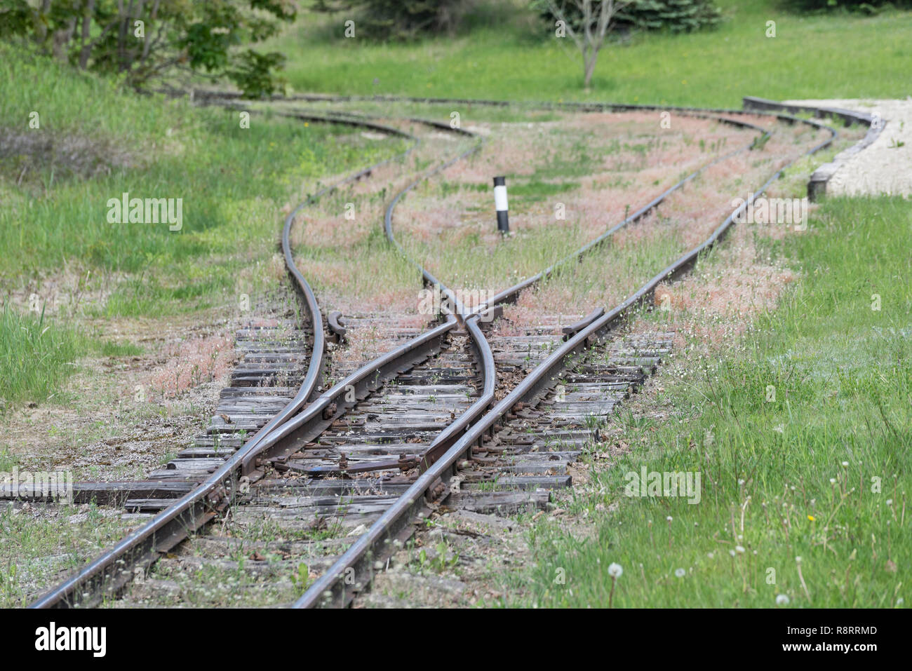 Railroad tracks stretches and green grass and trees. Railway road ...