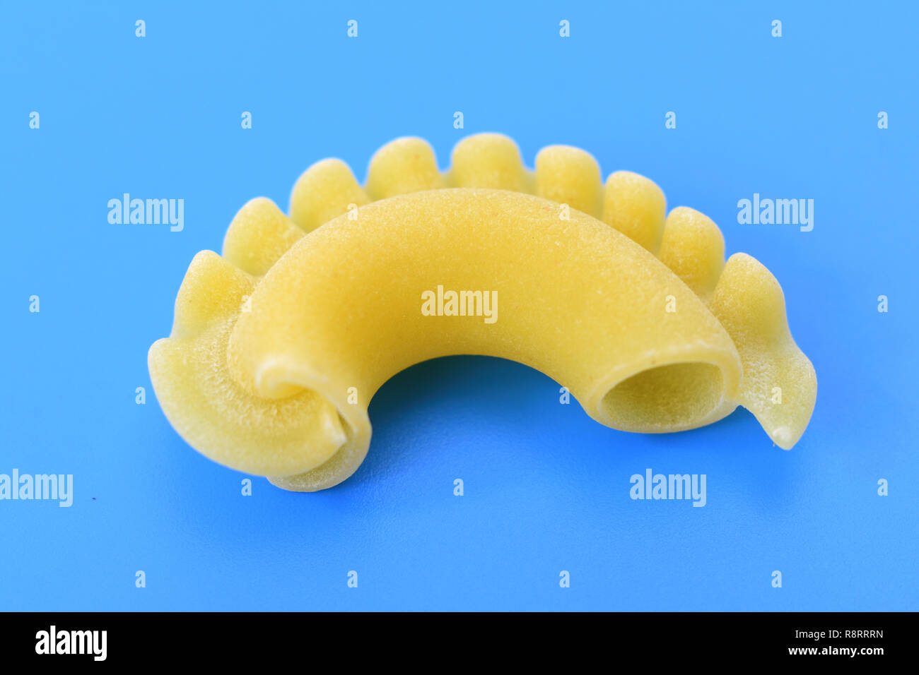 Pasta creste di gallo on blue background Stock Photo - Alamy