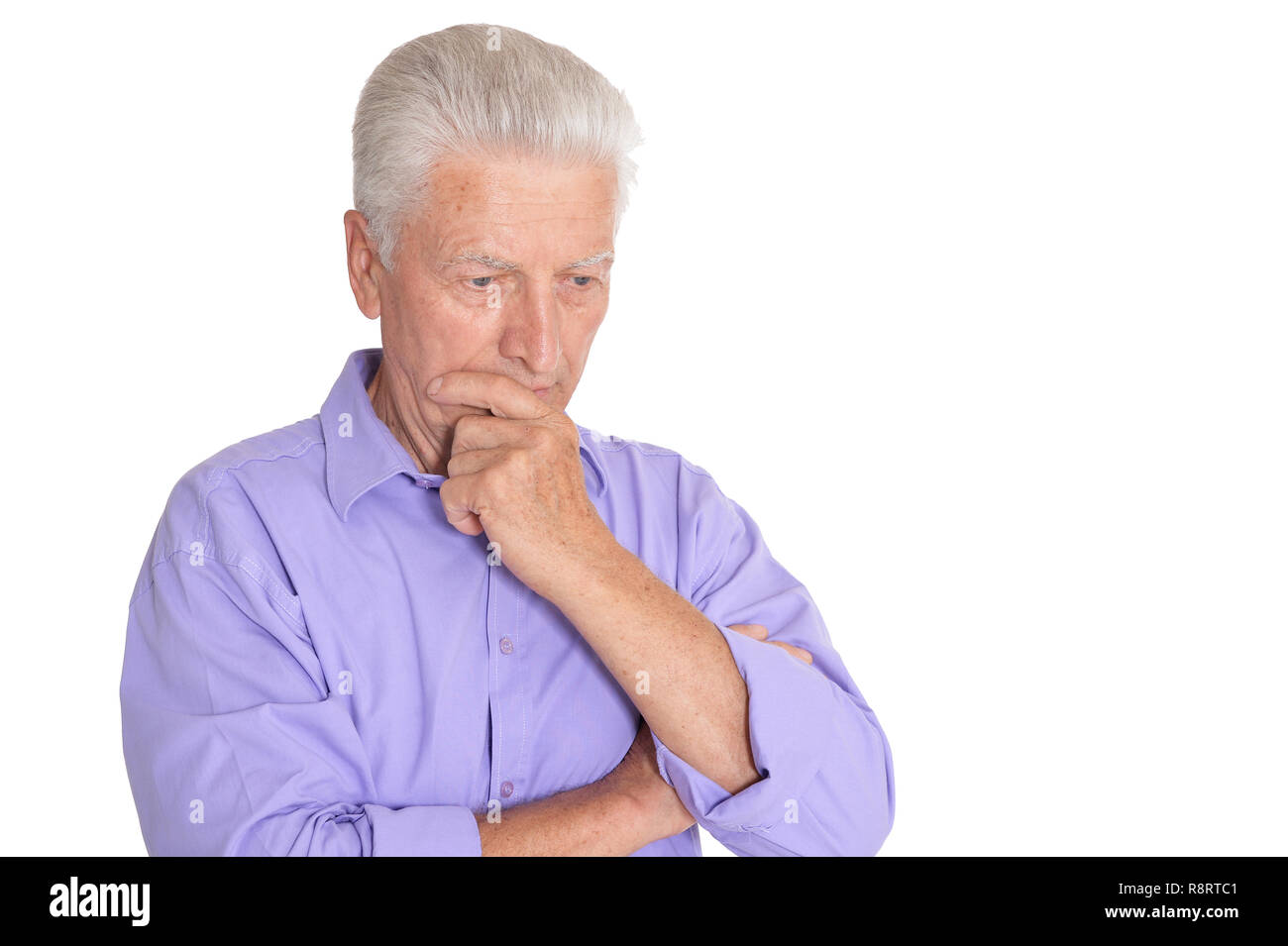 Thinking senior man isolated on white background Stock Photo - Alamy