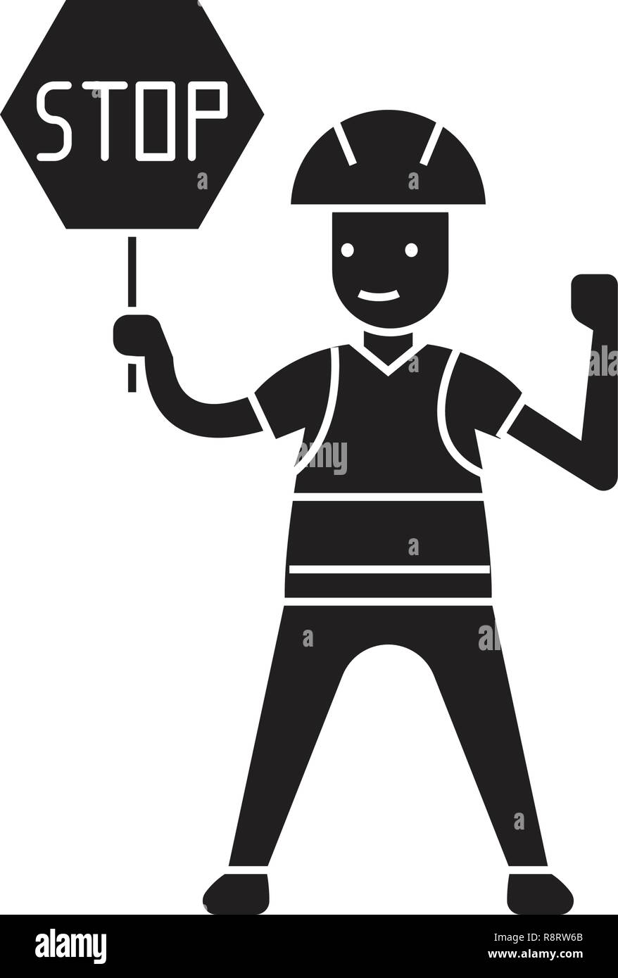 Worker with a stop sign black vector concept icon. Worker with a stop ...