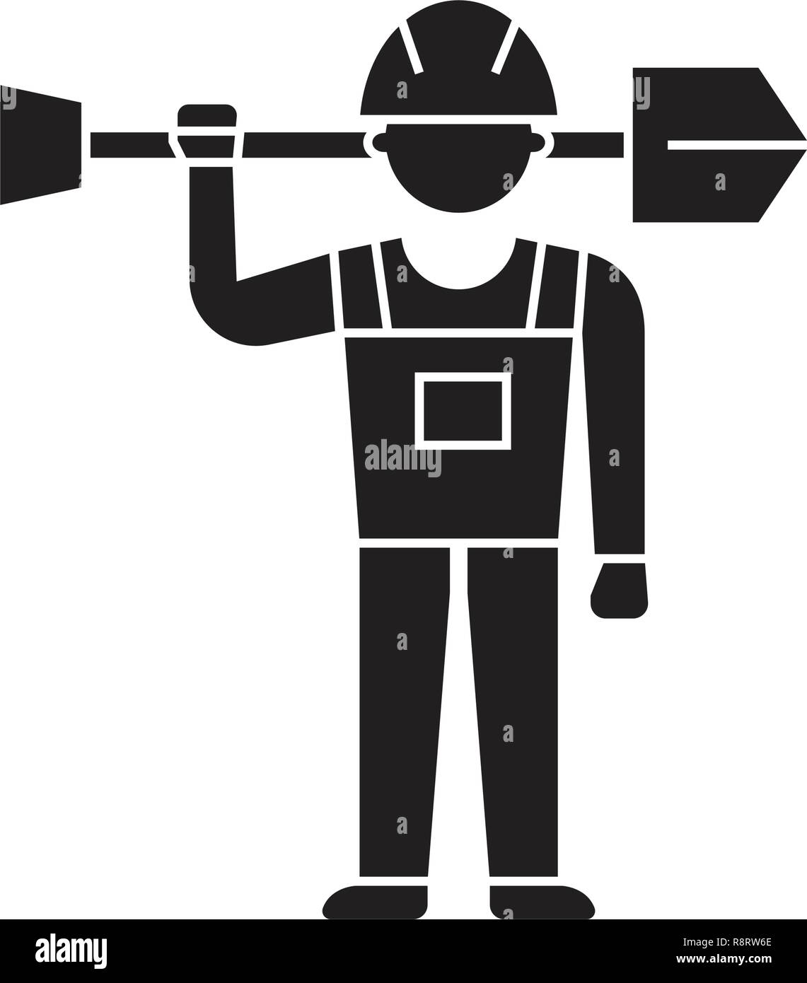 Worker with shovel black vector concept icon. Worker with shovel flat ...