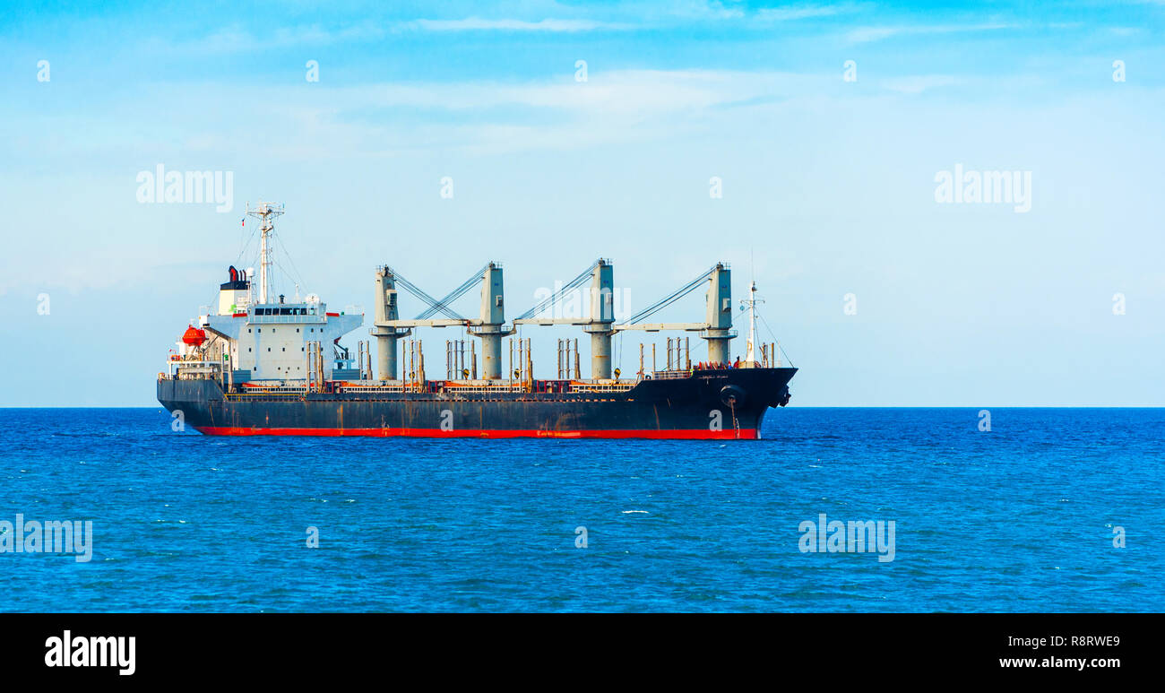 View of the cargo ship in the port of Cebu, Philippines. Copy space for ...