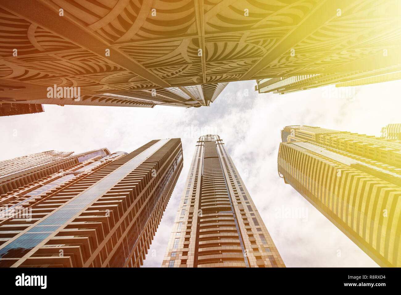 Dramatic perspective with low angle view of skyscrapers looking up to ...