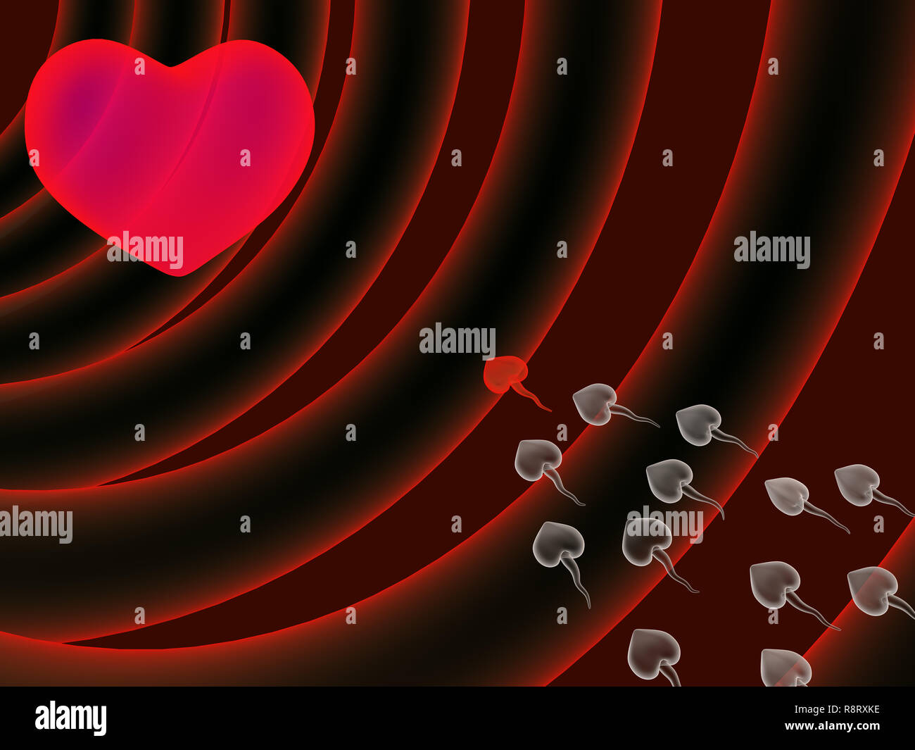 Hearts with the tails, floating to the big red heart Stock Photo - Alamy