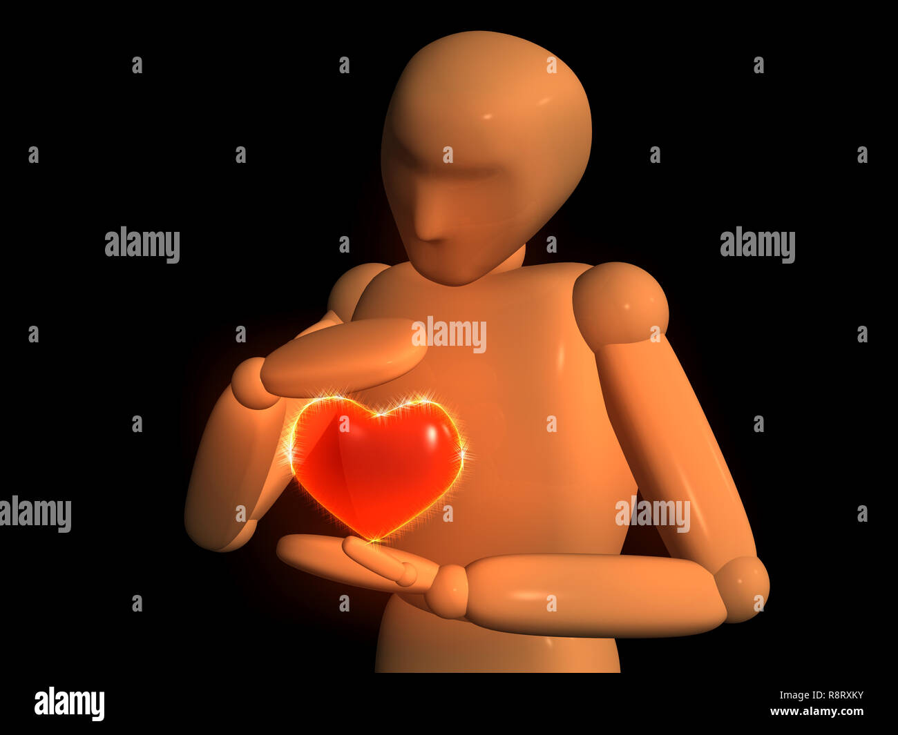 3D doll - puppet with heart in hands Stock Photo - Alamy