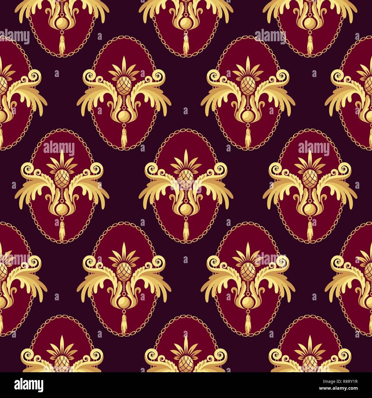 Baroque pattern with gold sconce pendants on magenta background ...