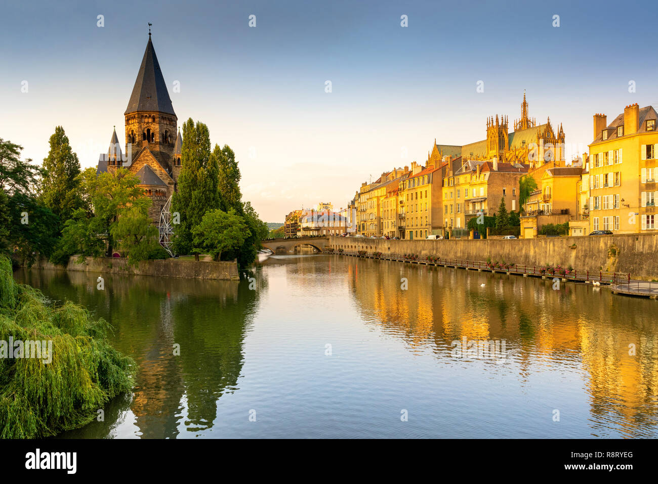 Protestant church New Temple (Temple Neuf) by the golden hour in the ...