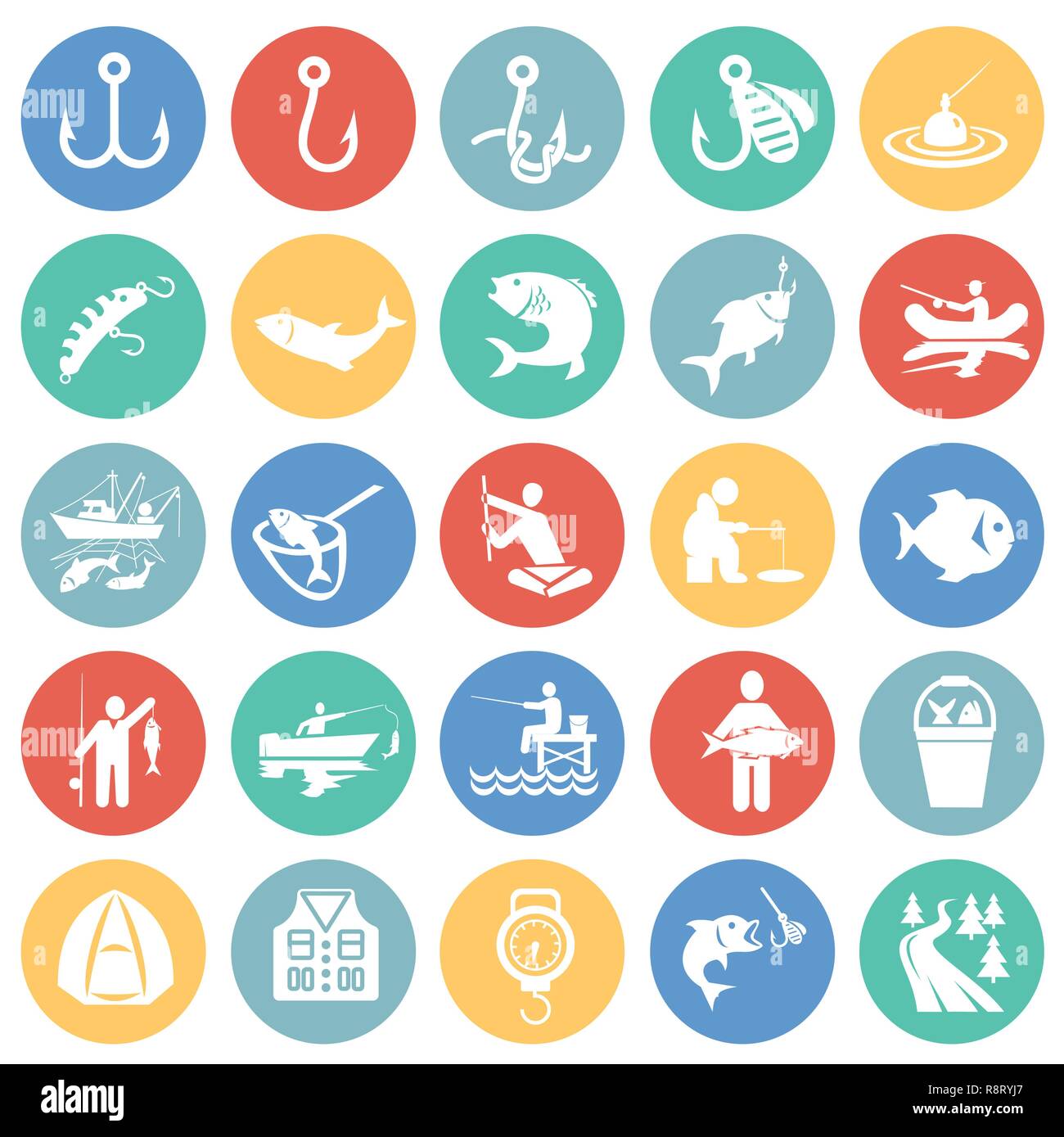 Fishing icon set on color circles background for graphic and web design ...