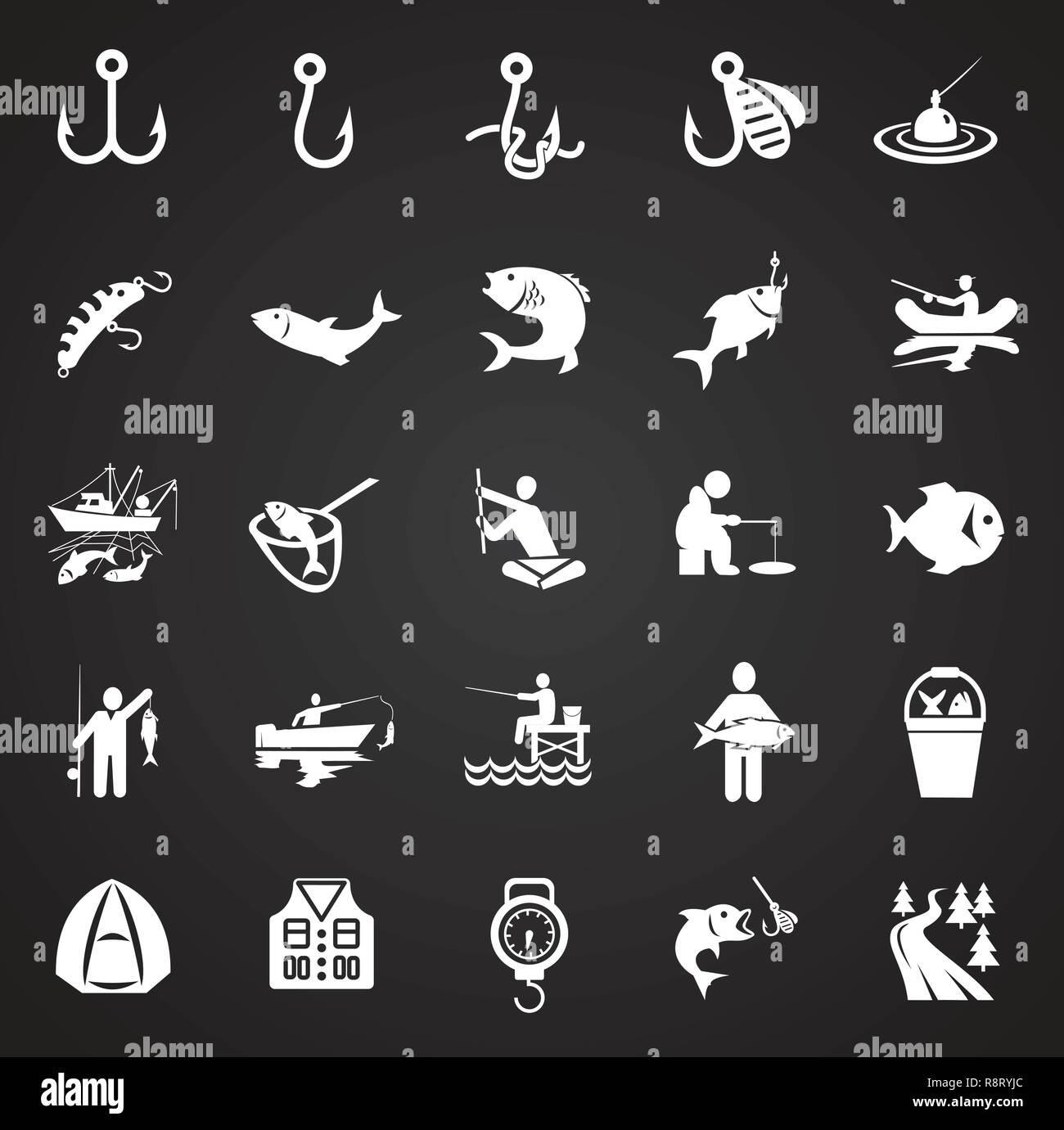 Fishing icon set on black background for graphic and web design, Modern ...