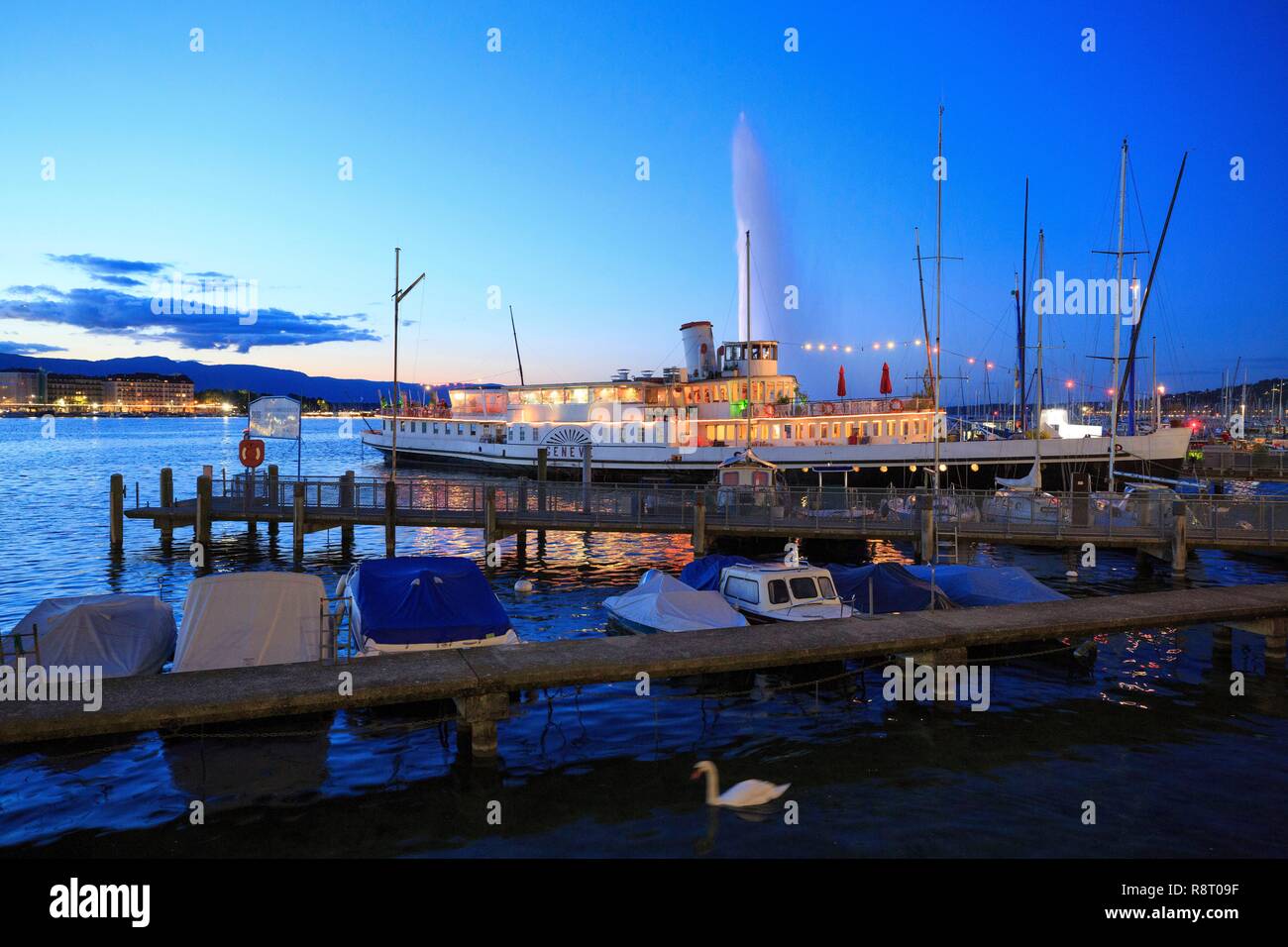 Switzerland, Geneva, Geneva harbor, Gustave Ador wharf, Jet d'eau on ...