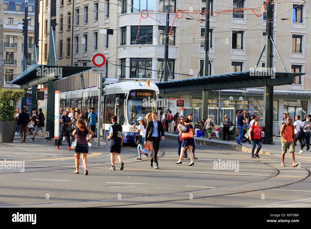 Switzerland, Geneva, Place de Bel Air 2, tramway lines Stock Photo - Alamy