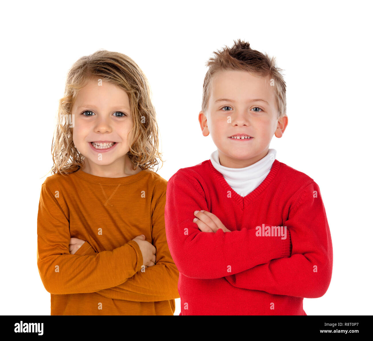 Two happy children with fair hair isolated on a white background. Full ...