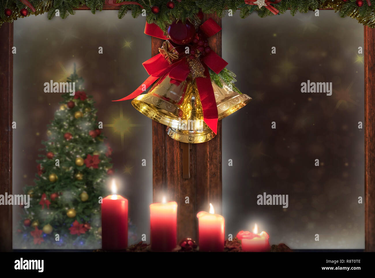 Christmas window,golden bells,decorations,snow,tree background for ...