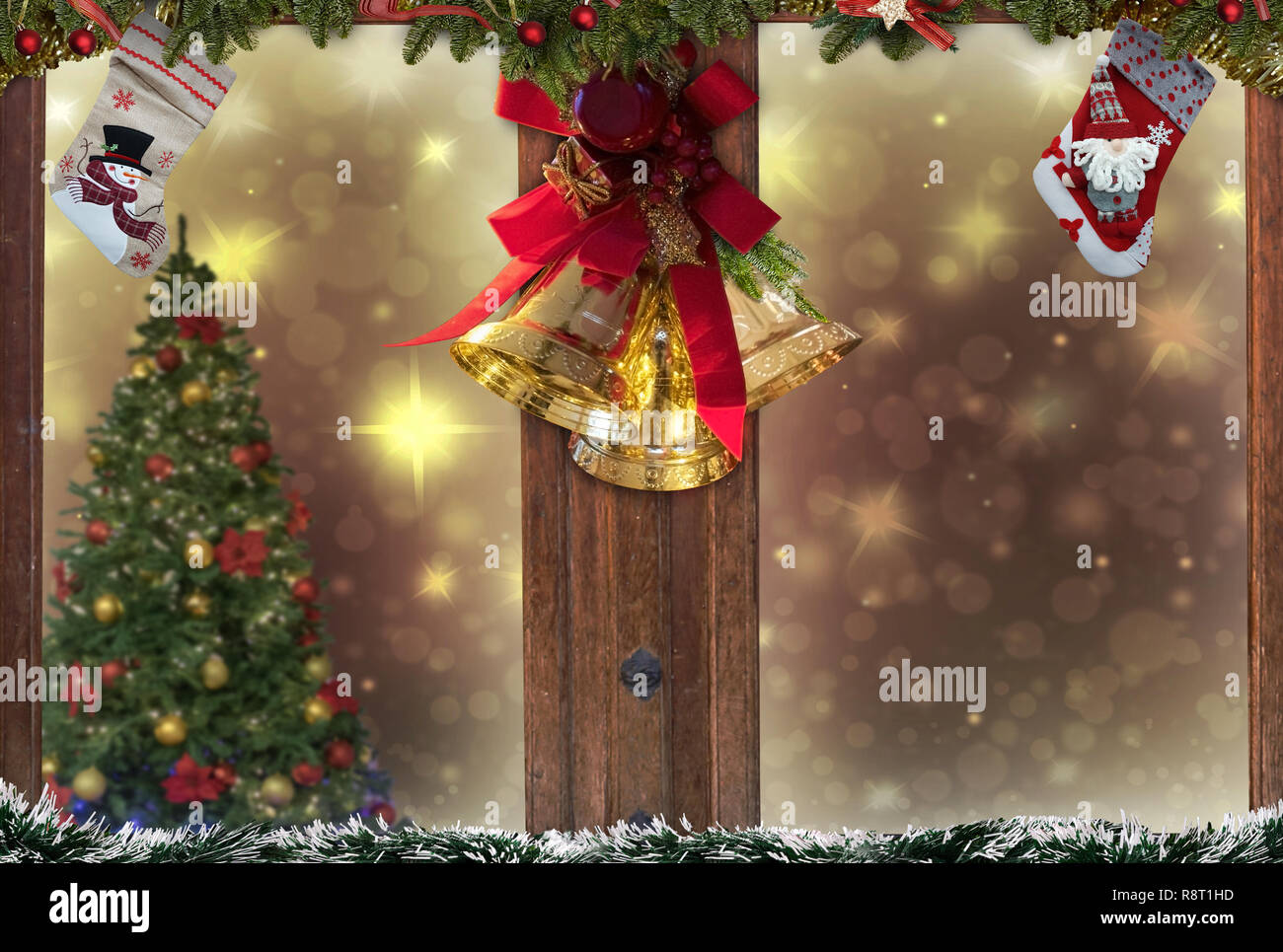 Christmas window,golden bells,decorations,snow,tree background for ...