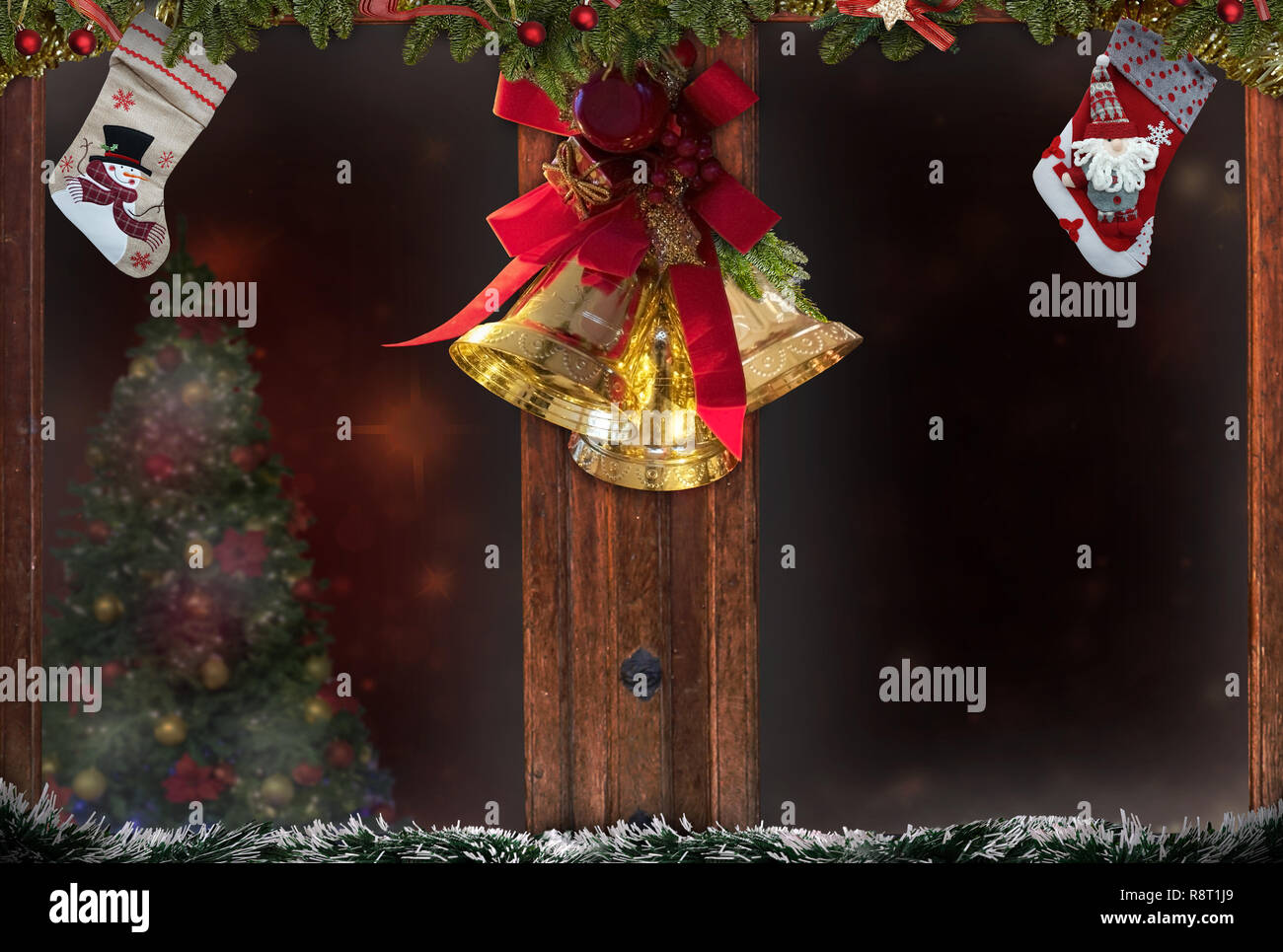 Christmas window,golden bells,decorations,snow,tree background for ...