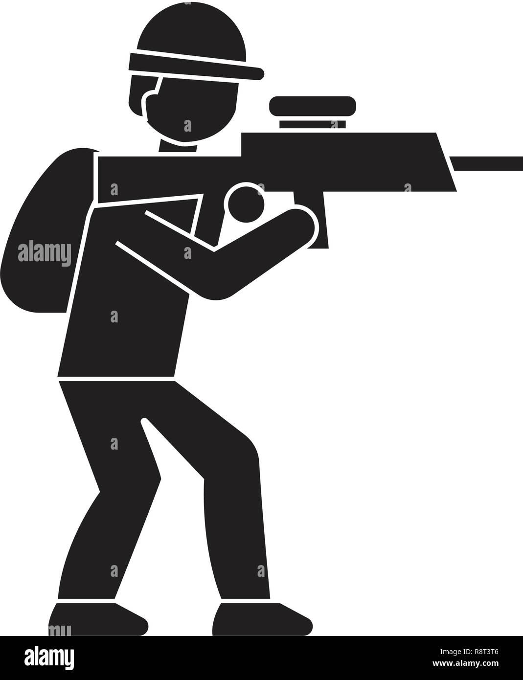 Aiming soldier black vector concept icon. Aiming soldier flat ...
