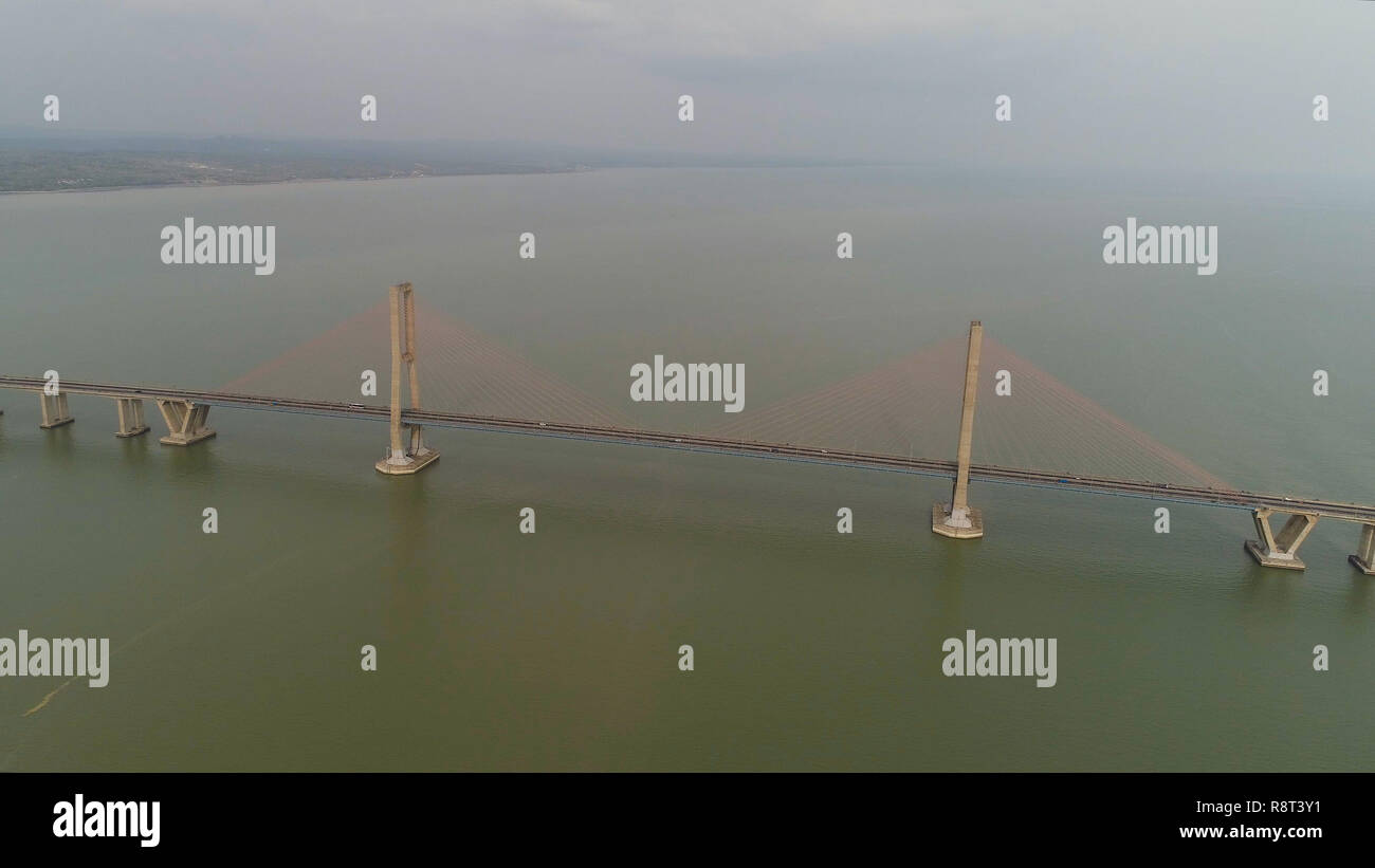 aerial view suspension cable bridge Suramadu over madura strait ...