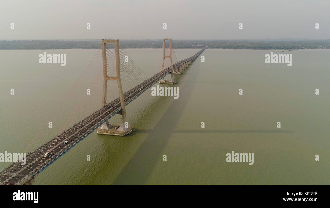 aerial view suspension cable bridge Suramadu over madura strait ...
