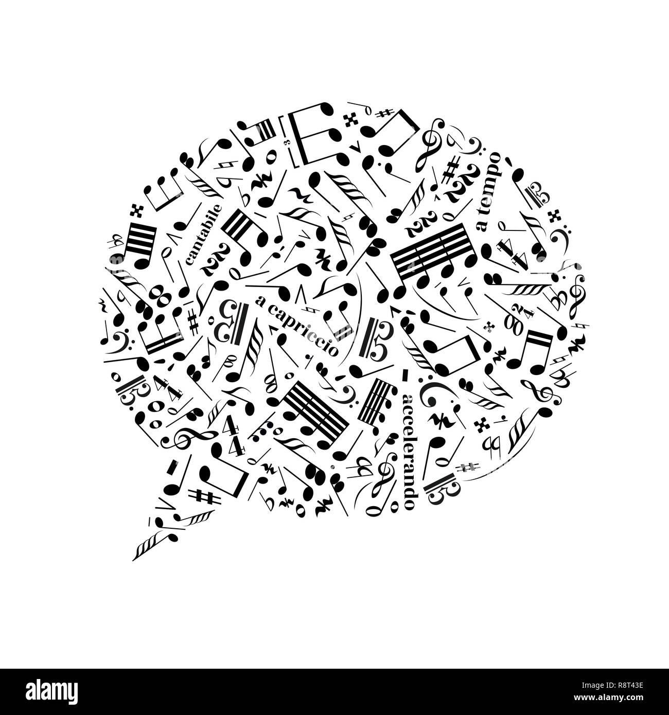 A lot of different musical notes and signs in speech bubble shape ...