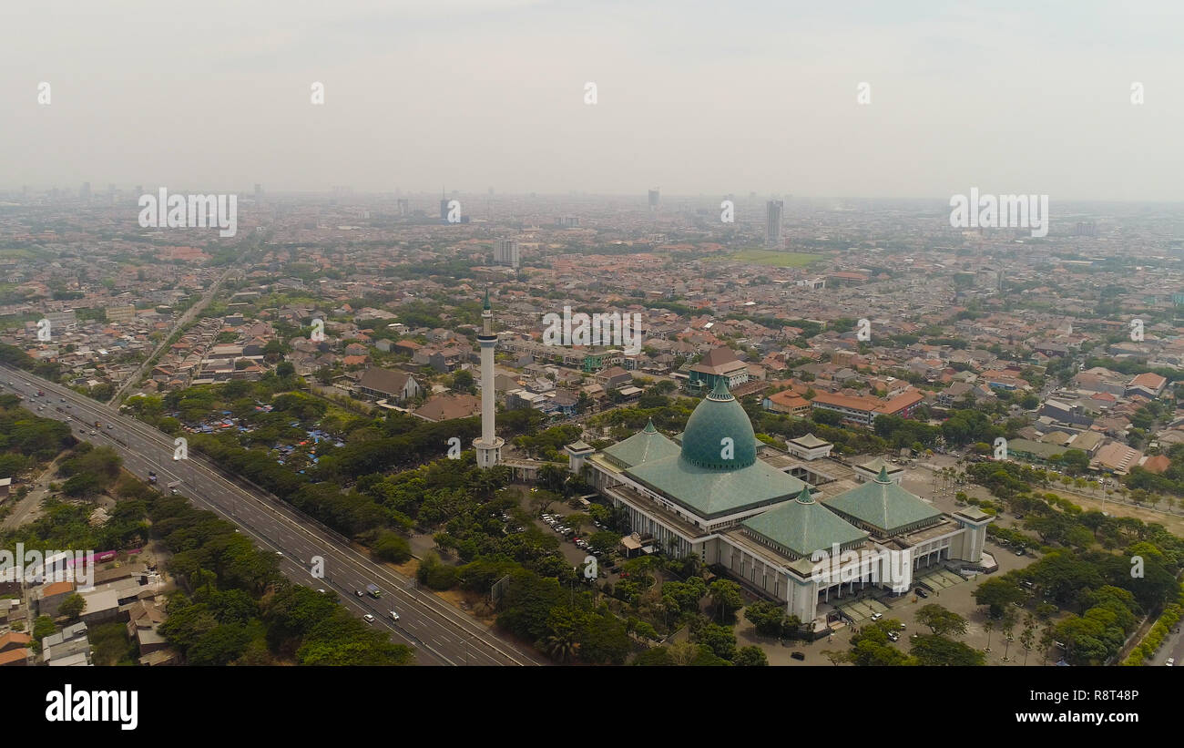 aerial view cityscape city Surabaya with mosque Al Akbar, highway ...
