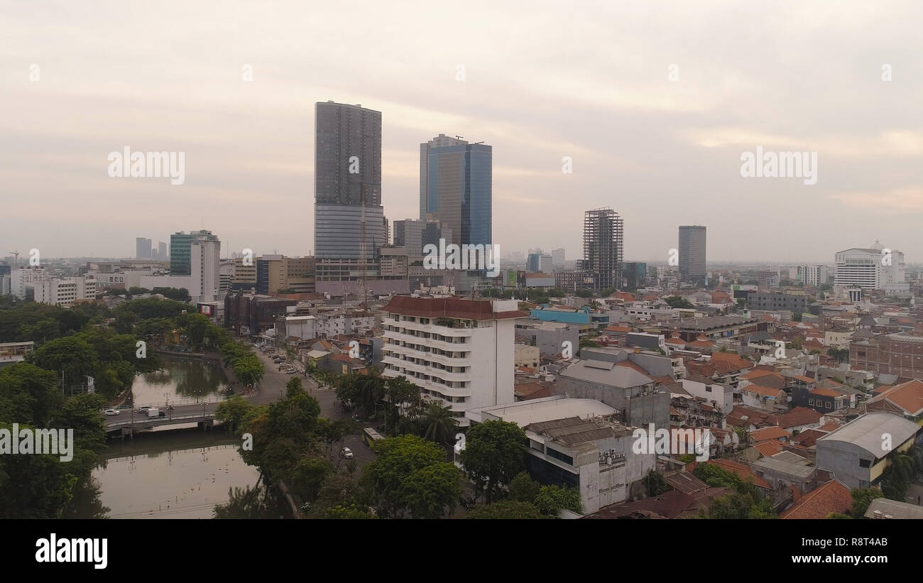 Aerial cityscape modern city Surabaya with skyscrapers, buildings and ...
