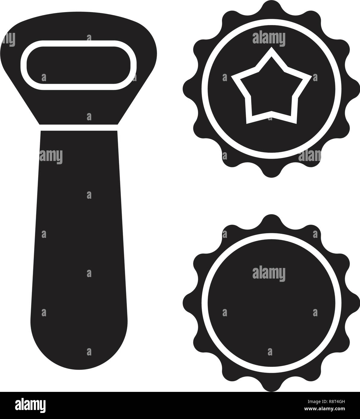 Beer opener, bottle caps black vector concept icon. Beer opener, bottle ...