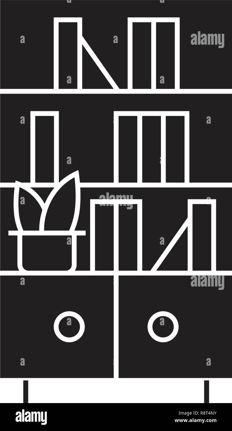 Bookcase black vector concept icon. Bookcase flat illustration, sign ...