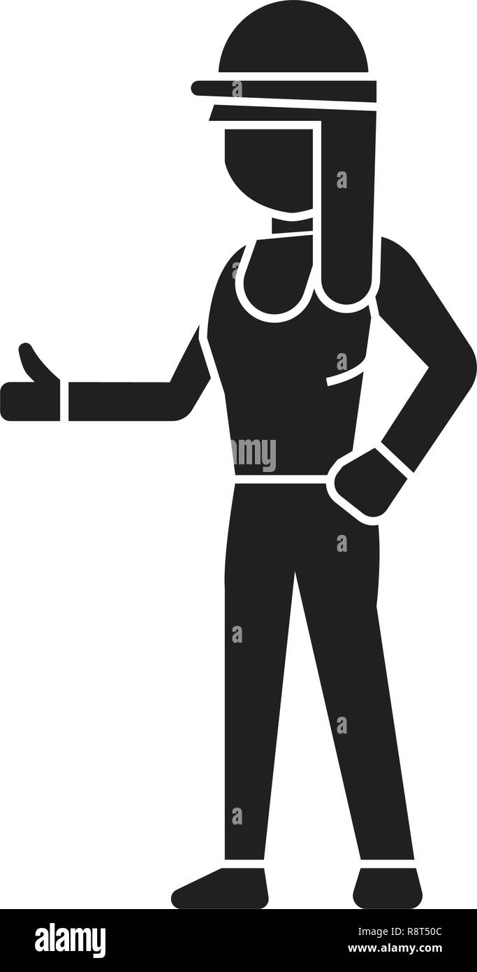 Builder woman black vector concept icon. Builder woman flat ...