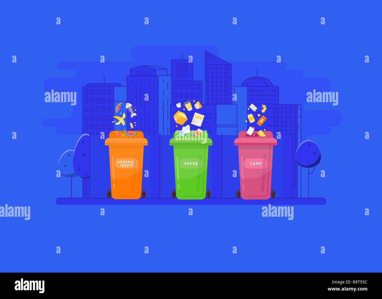 Garbage recycling and utilization concept. Collection of garbage cans with sorted garbage Stock ...