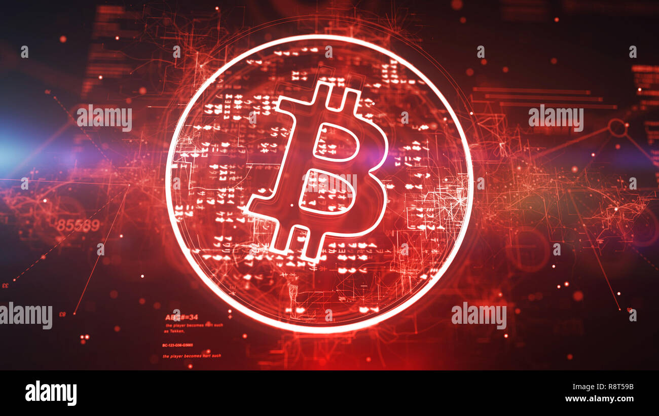 Optical art 3d illustration of a bitcoin sign put in a shining red ...