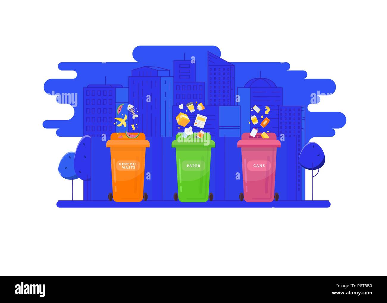 Garbage recycling and utilization concept. Collection of garbage cans ...