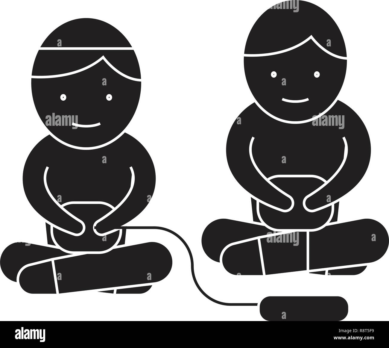 Children playing computer game black vector concept icon. Children ...