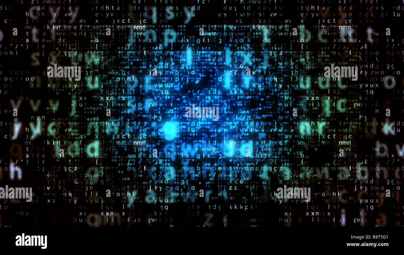 Sci-fi 3d illustration of glowing light blue matrix letters with plazma ...