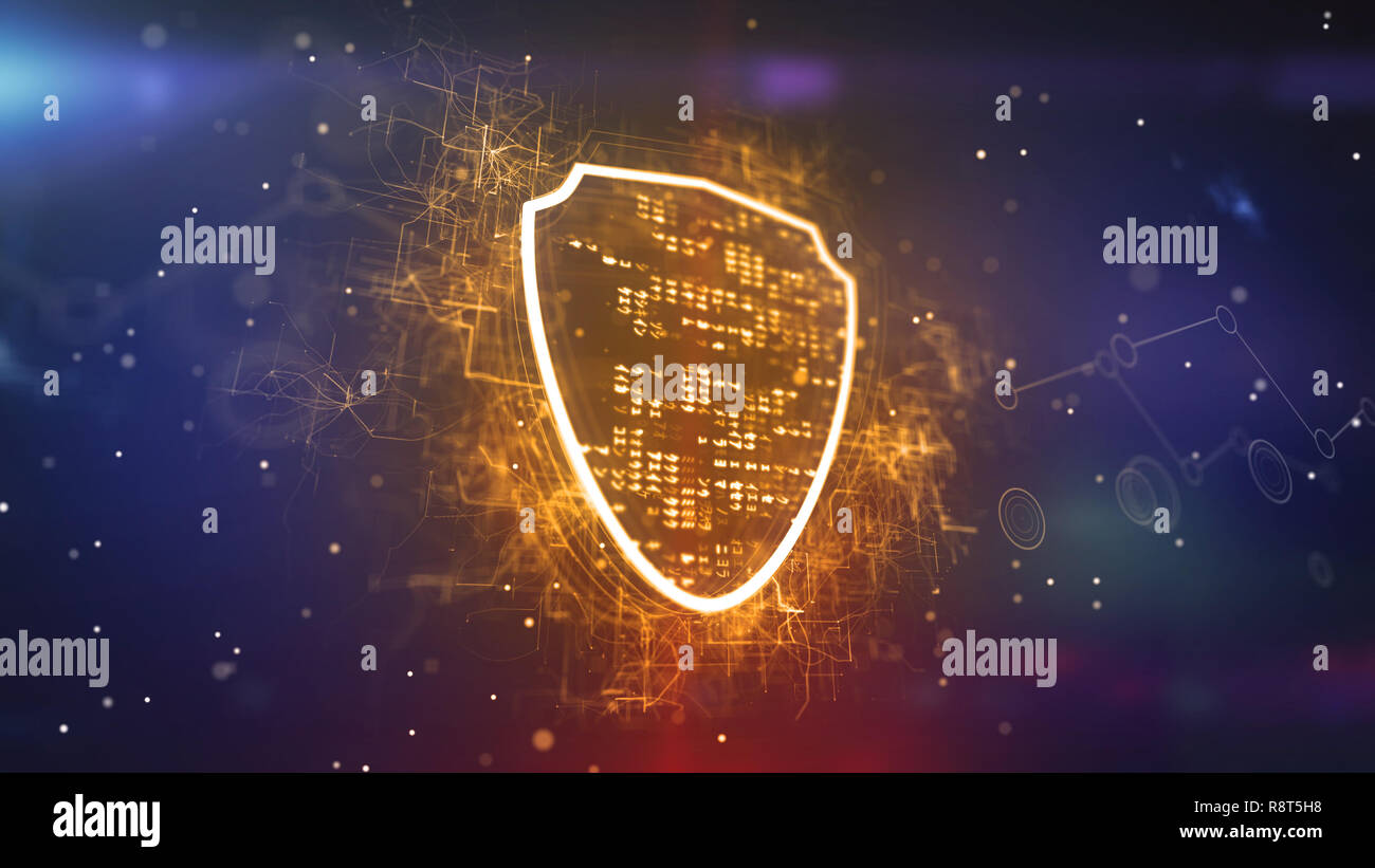 Volumetric 3d illustration of a golden cyberspace shield cpu spinning ...