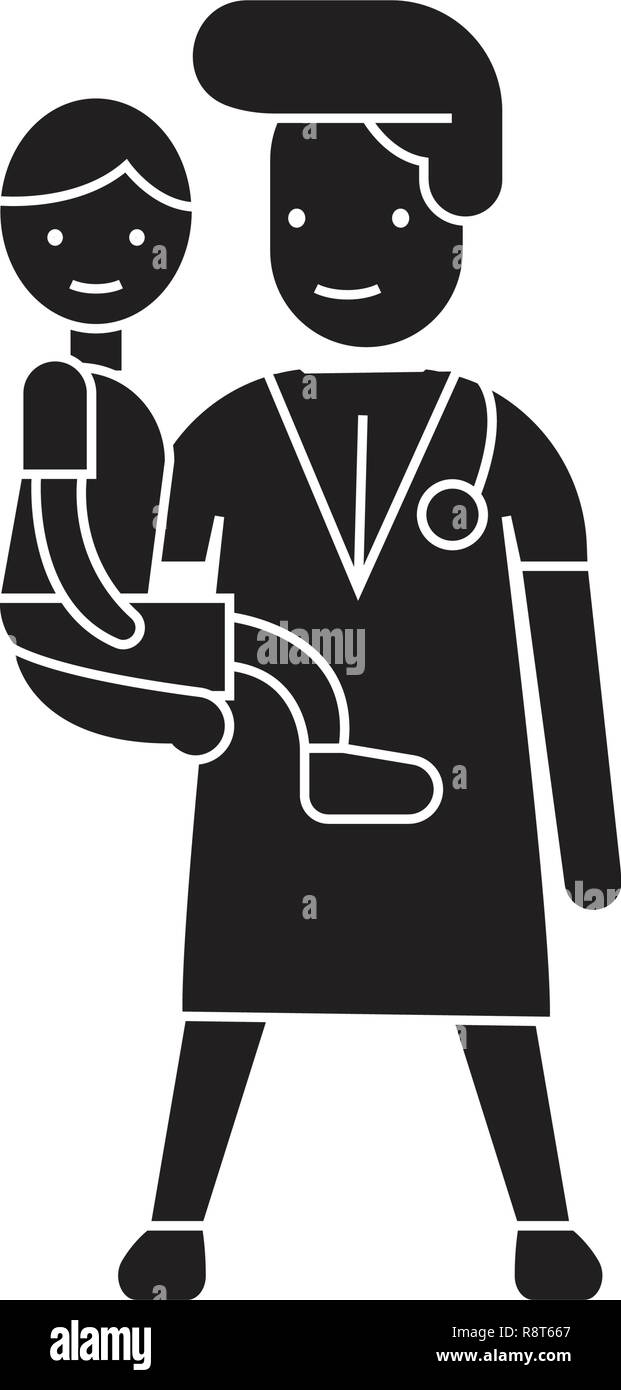 Doctor with a child black vector concept icon. Doctor with a child flat ...