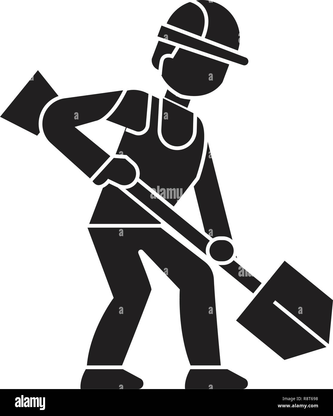 Earthworks, builder with showel black vector concept icon. Earthworks ...
