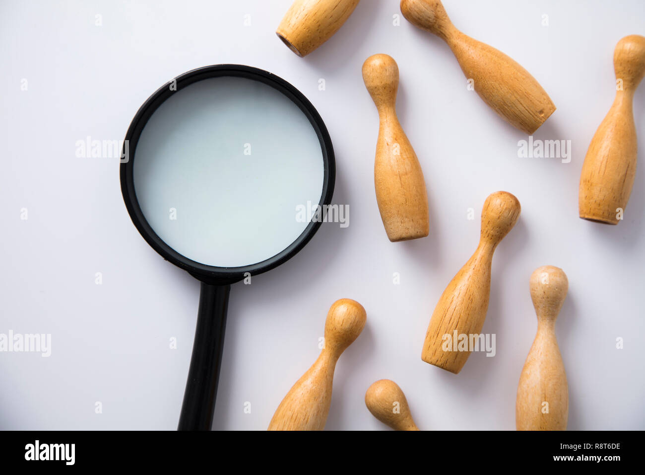 Recruitment concept. Magnifying glass with wooden people. Talent, Job ...