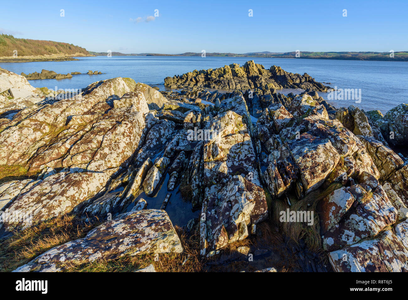 Rocky shore along Kirkcudbright Bay, near Ross Bay, Solway Firth ...