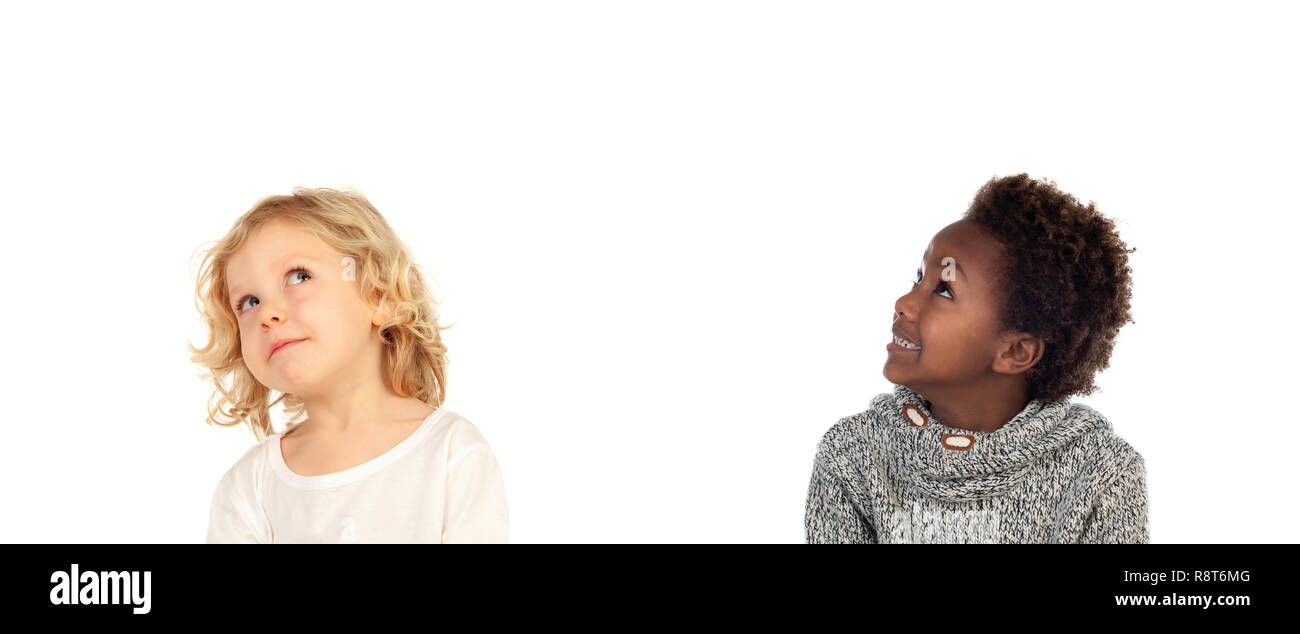 Two happy children looking up isolated on a white backround Stock Photo ...