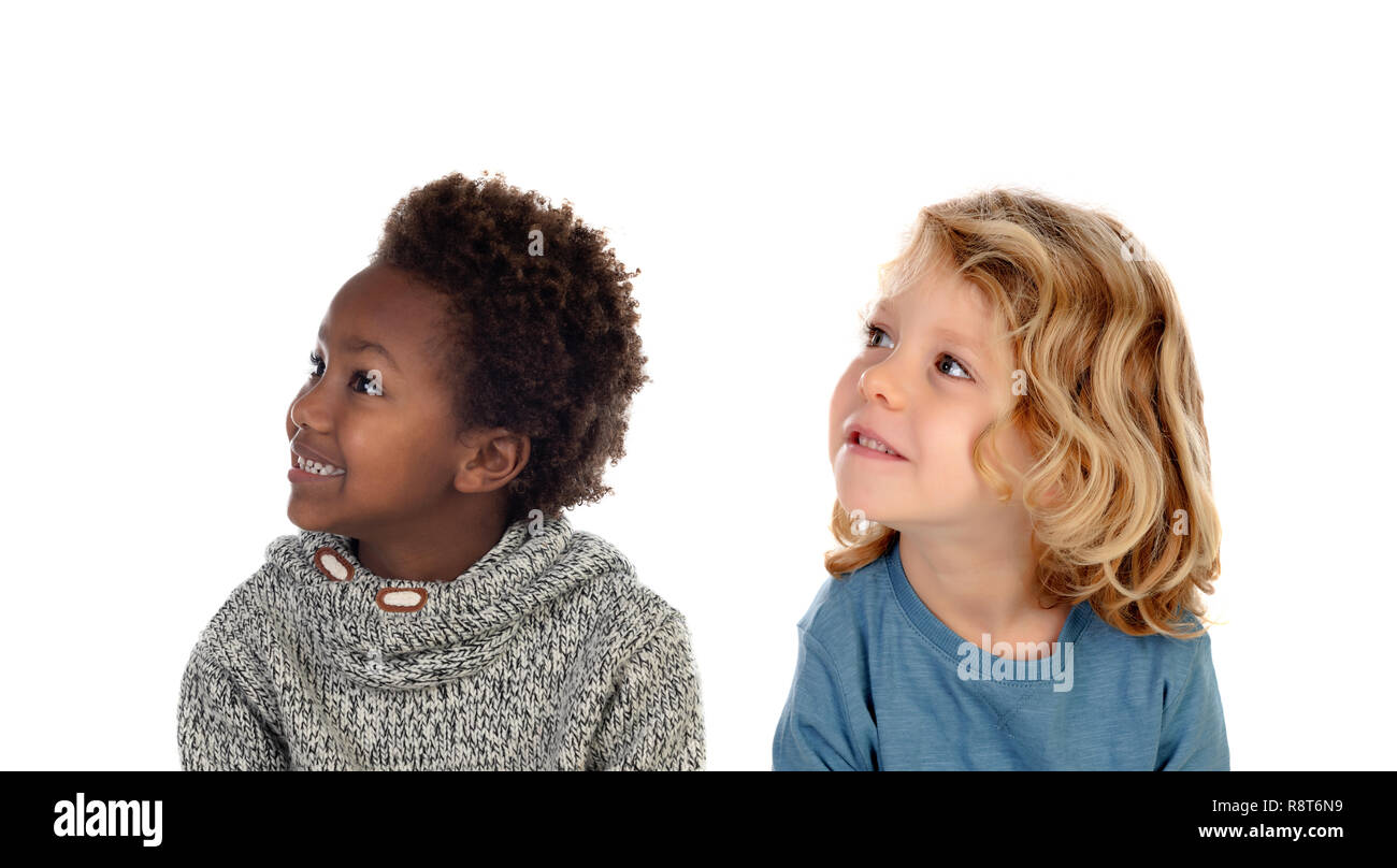 Two happy children looking up isolated on a white backround Stock Photo ...