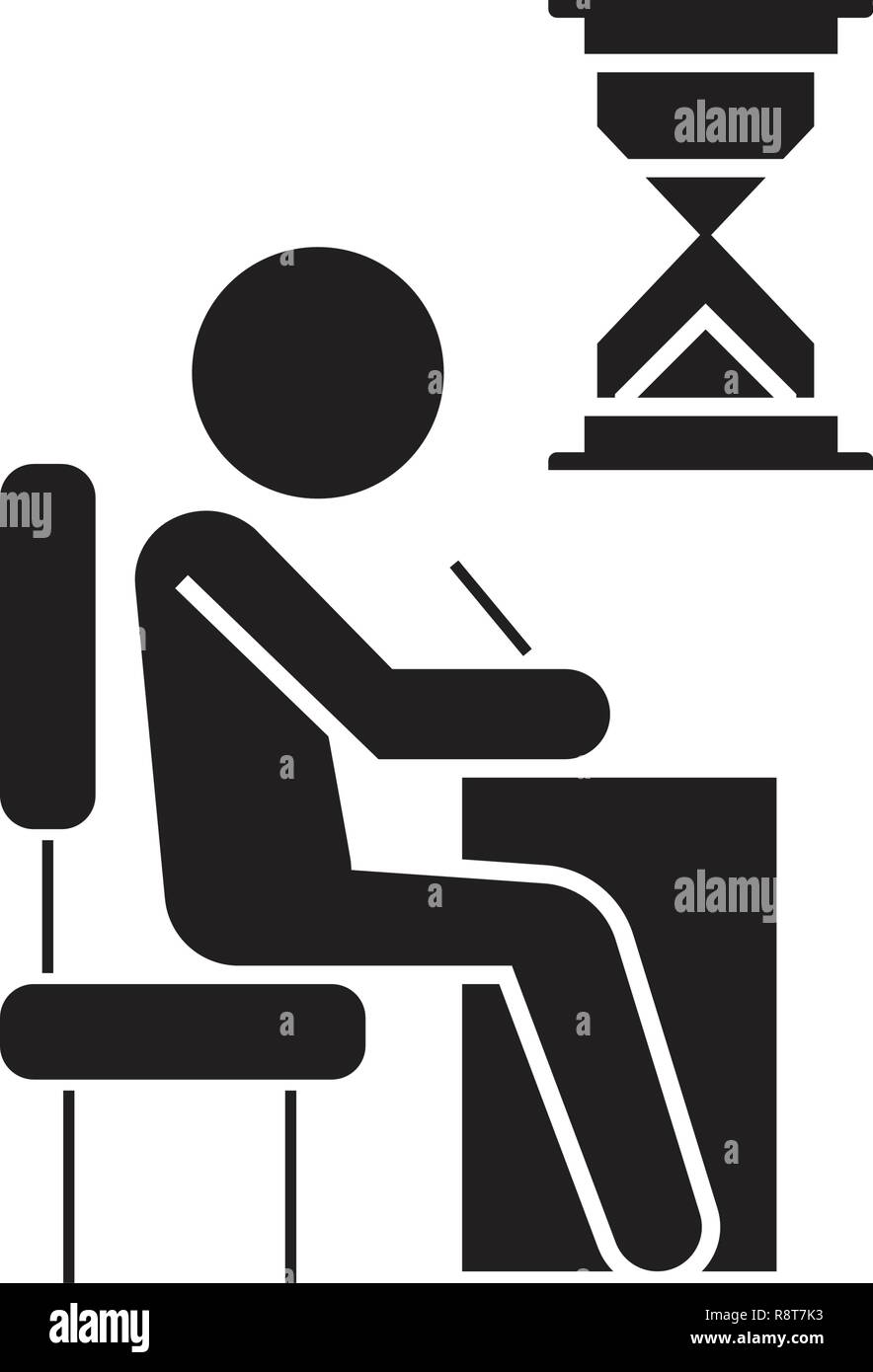 Examing, test, writing man at desk black vector concept icon. Examing ... Examing, test, writing man at desk black vector concept icon. Examing ...