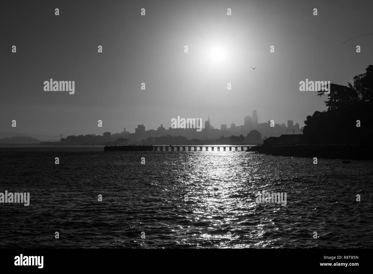 Torpedo Wharf and downtown silhouette at sunrise in San Francisco Stock ...