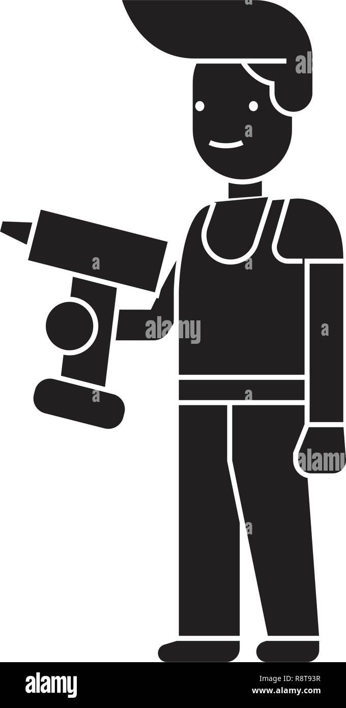 Man with a drill black vector concept icon. Man with a drill flat ...
