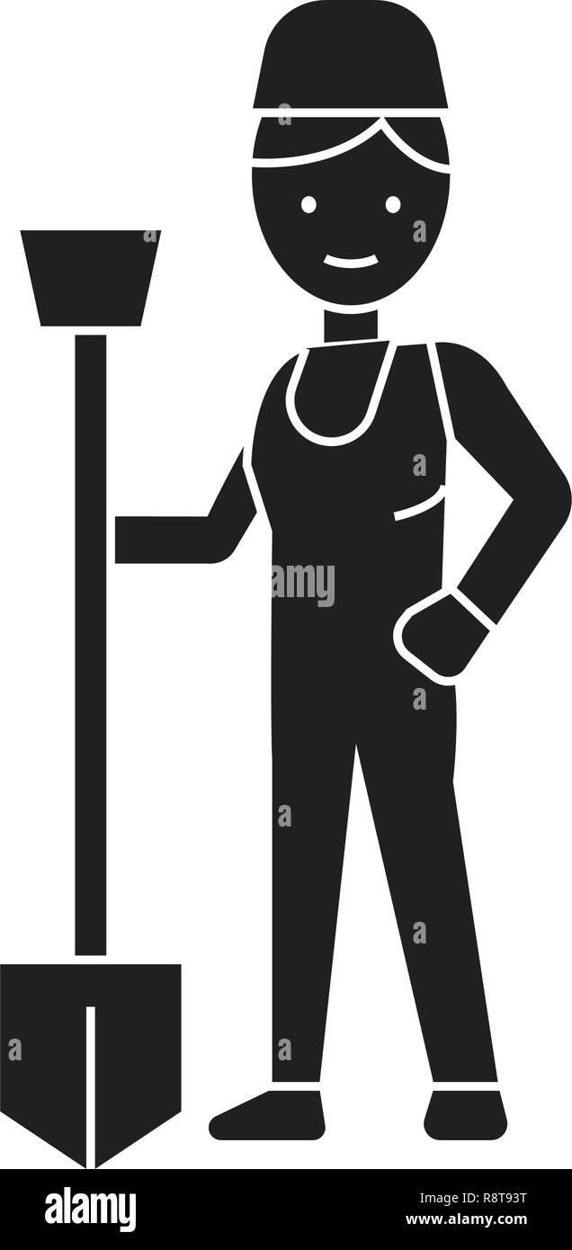 Man with a shovel black vector concept icon. Man with a shovel flat ...