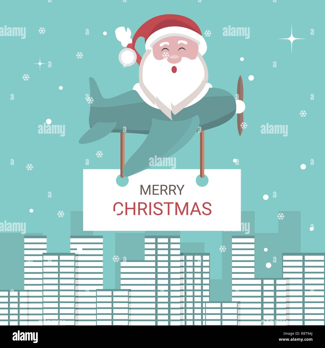 Christmas card of Santa Claus flying in an airplane Stock Vector Image ...