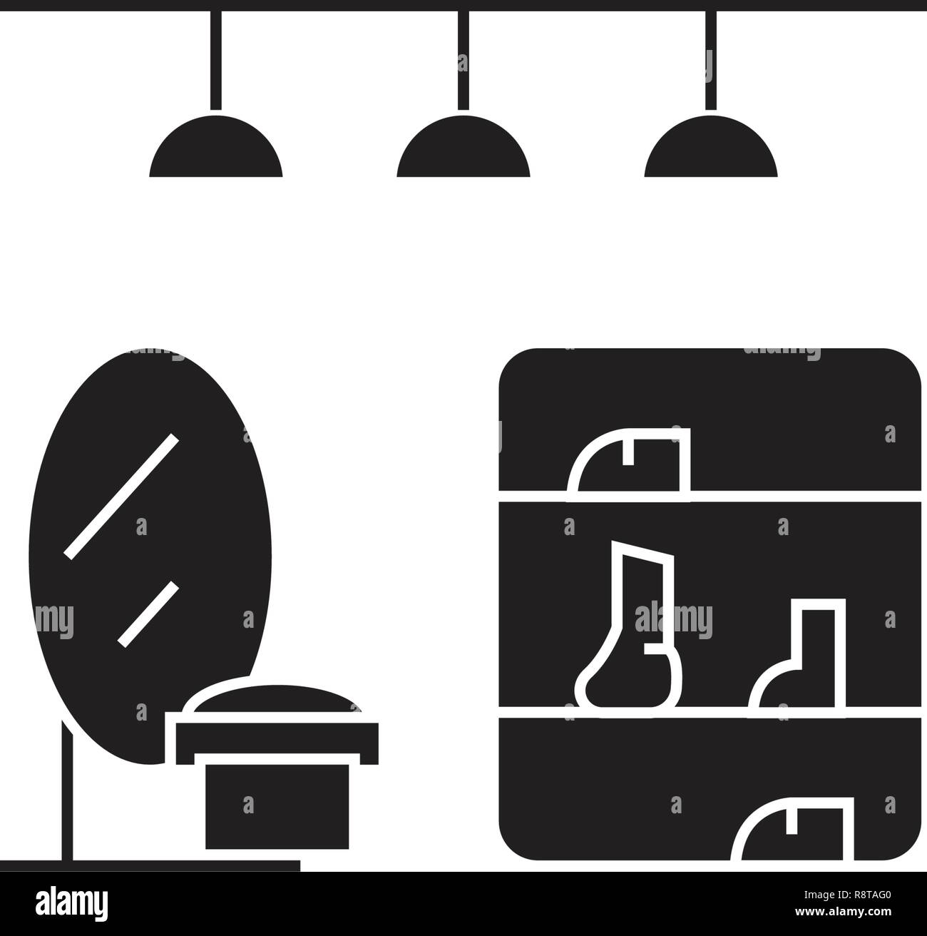 Shoe fitting room black vector concept icon. Shoe fitting room flat ...