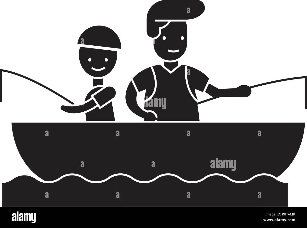 Son and dad fishing black vector concept icon. Son and dad fishing flat ...