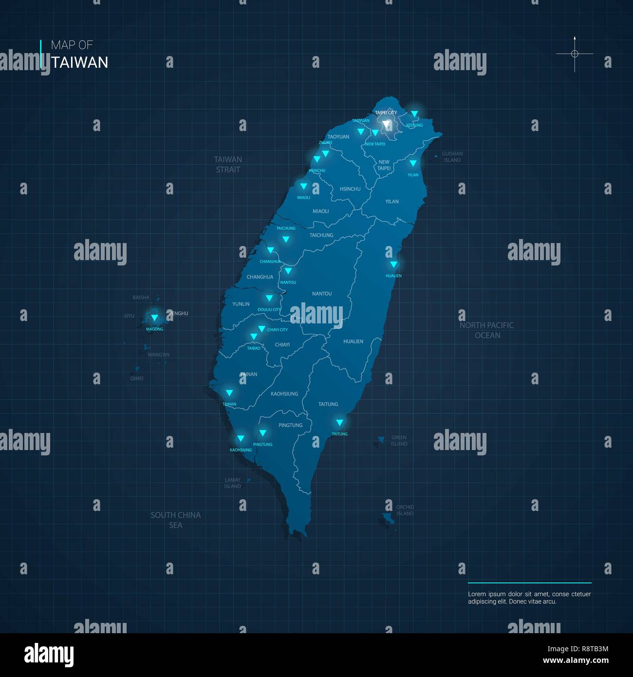 Vector Taiwan map illustration with blue neon lightpoints - triangle on ...