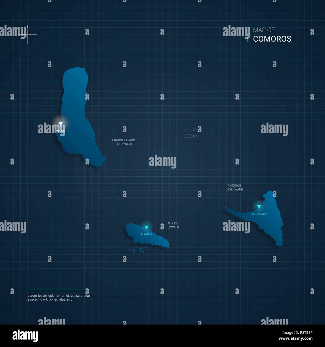 Vector Comoros map illustration with blue neon lightpoints - triangle ...