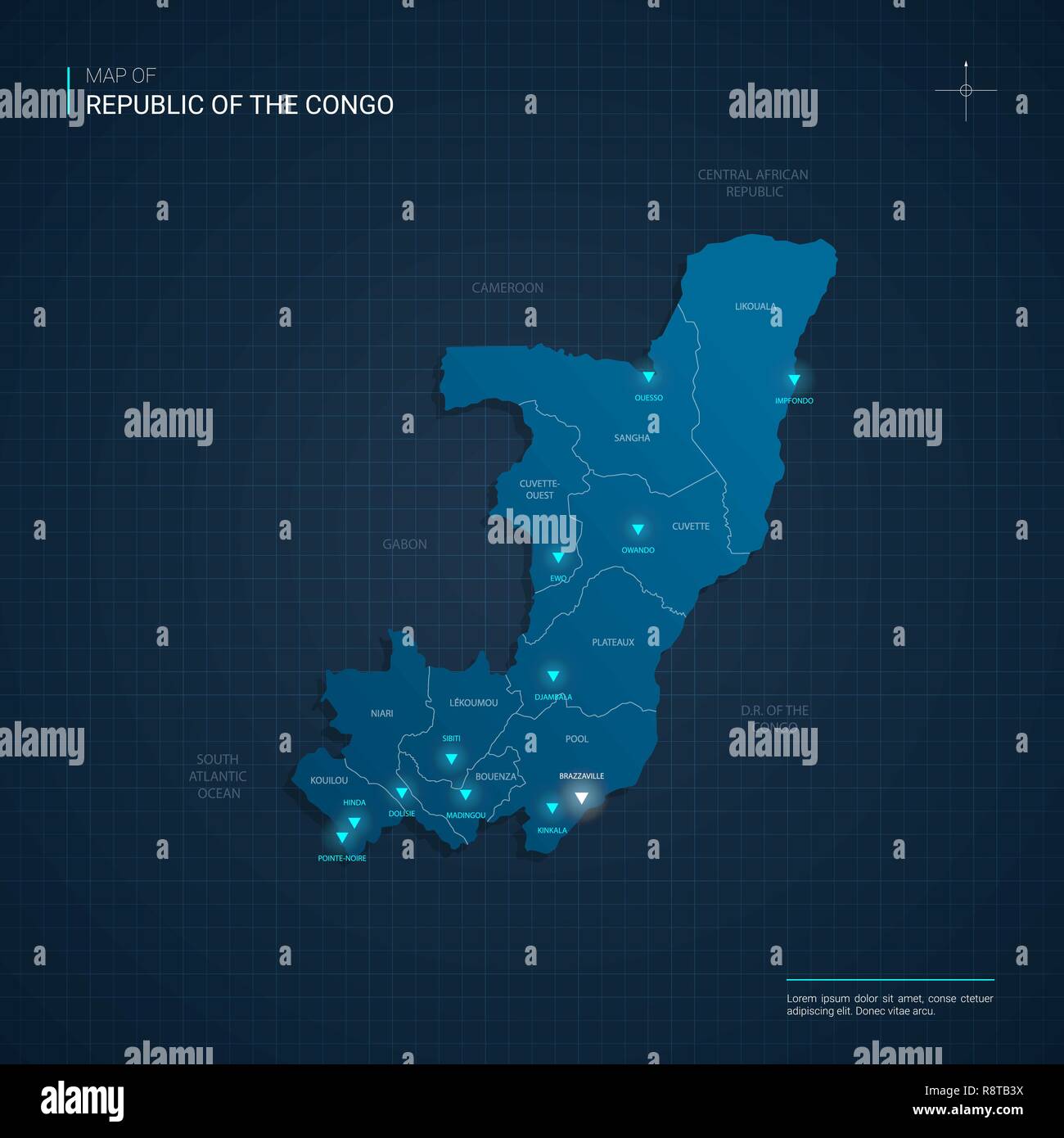 Vector Congo map illustration with blue neon lightpoints - triangle on ...